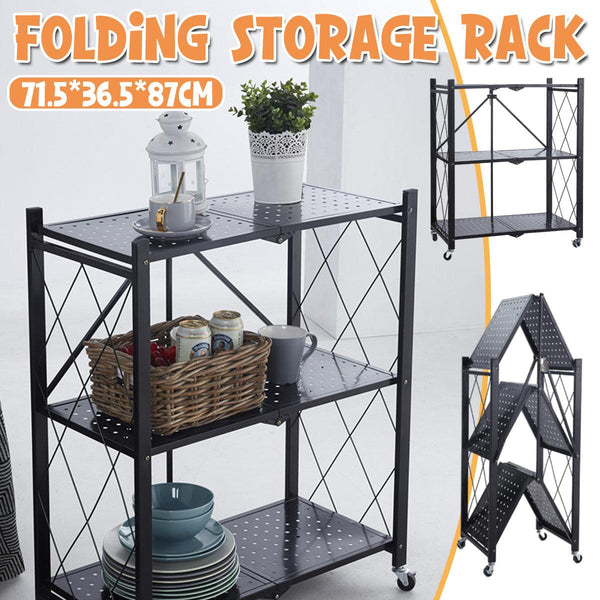 3-Tier Black Foldable Kitchen Storage Rack No-Drill Microwave Oven She ...